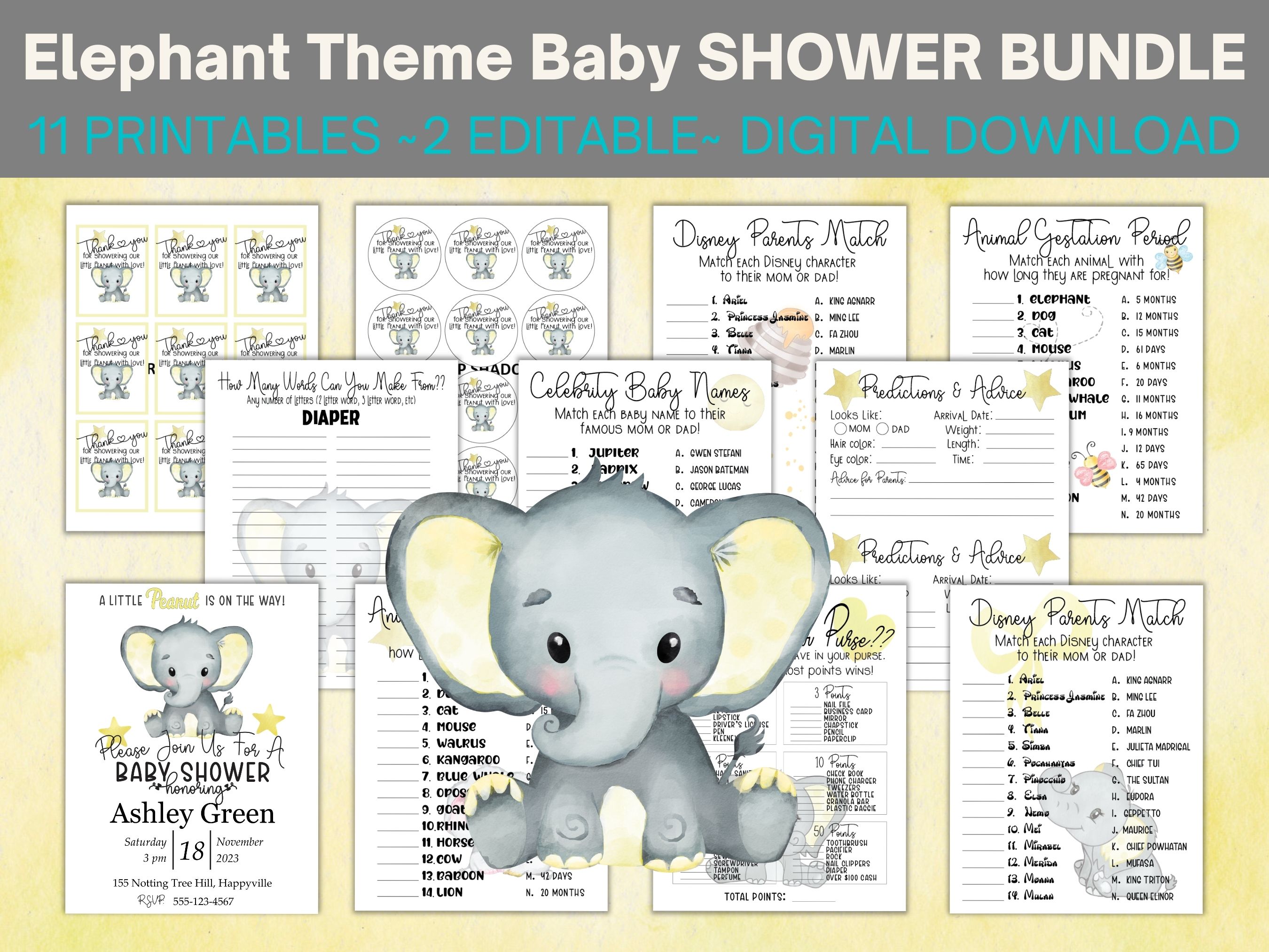 Baby Shower Elephant Clipart Yellow