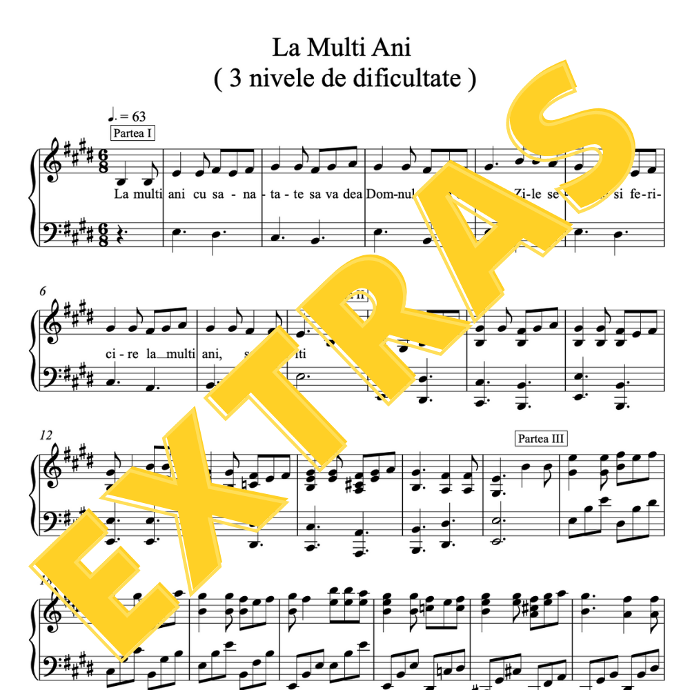 La multi ani - 3 nivele dificultate - partitura pian + versuri