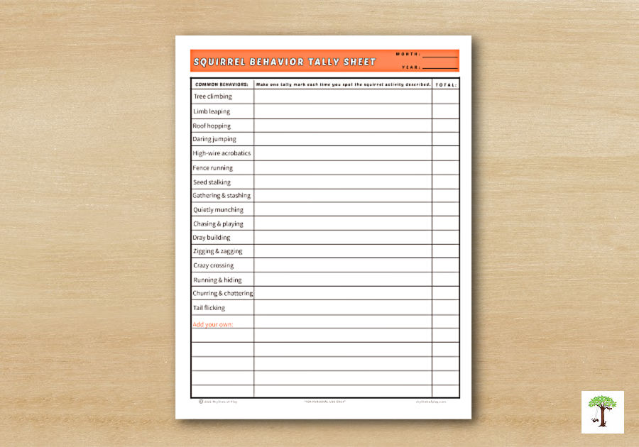 Printable Squirrel Behavior Tally Sheet