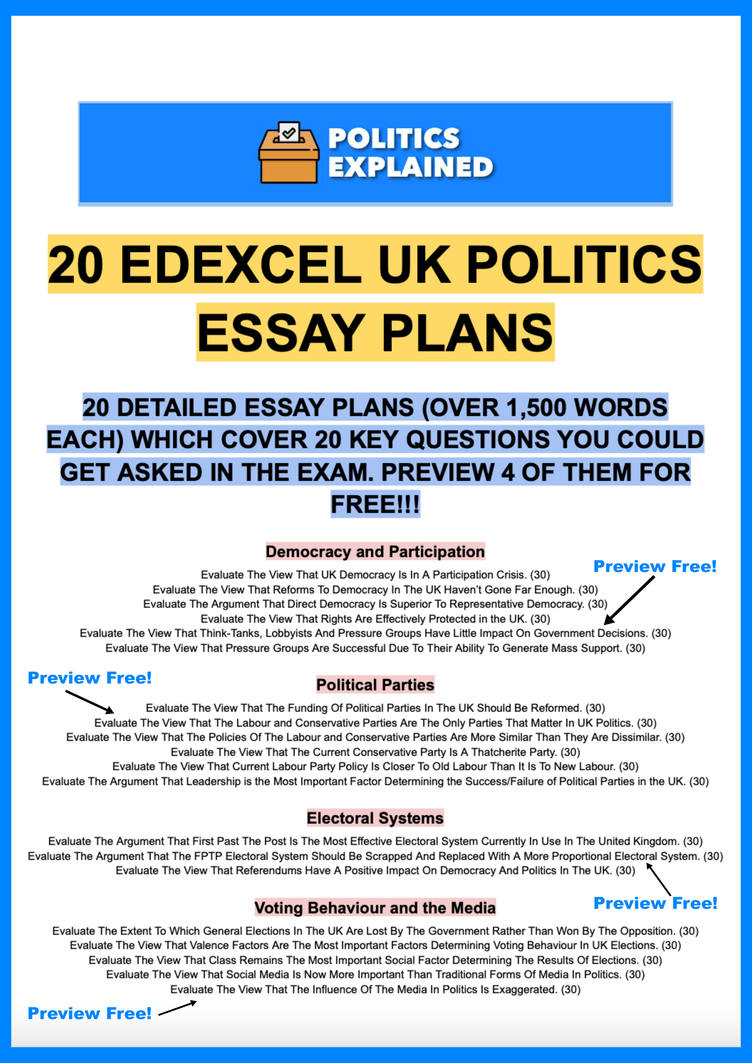20 Detailed Edexcel UK Politics Essay Plans (Preview 4 For Free!)