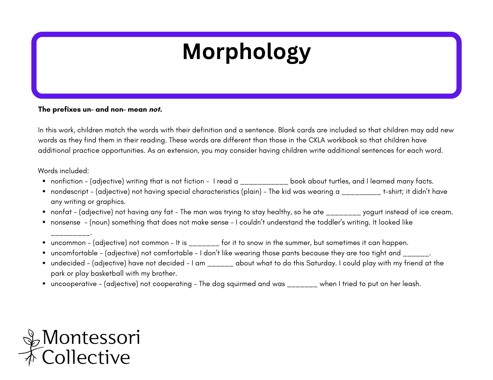 Morphology: prefixes un-, non-, re- & pre-