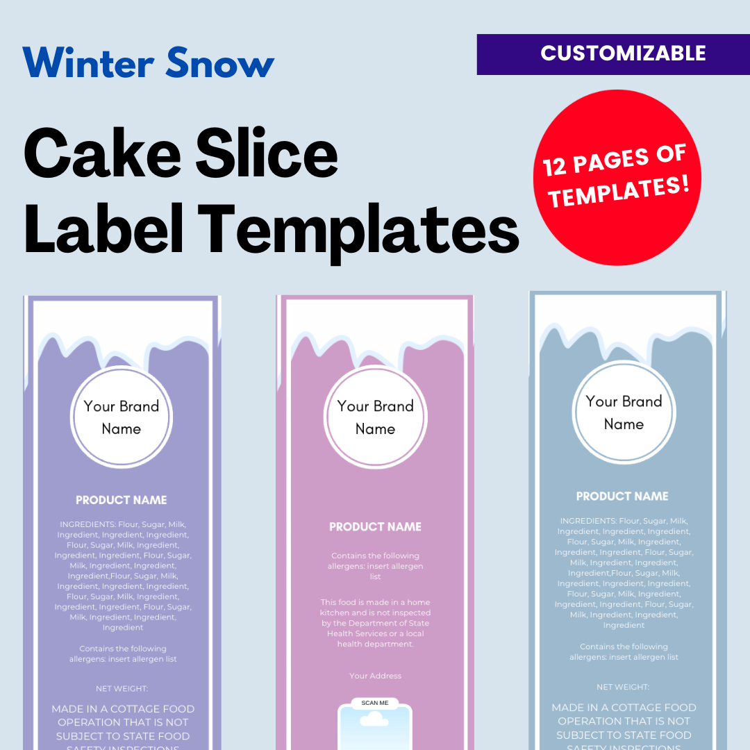 Winter Snow Cake Slice Label Templates (12 Pages of Templates)