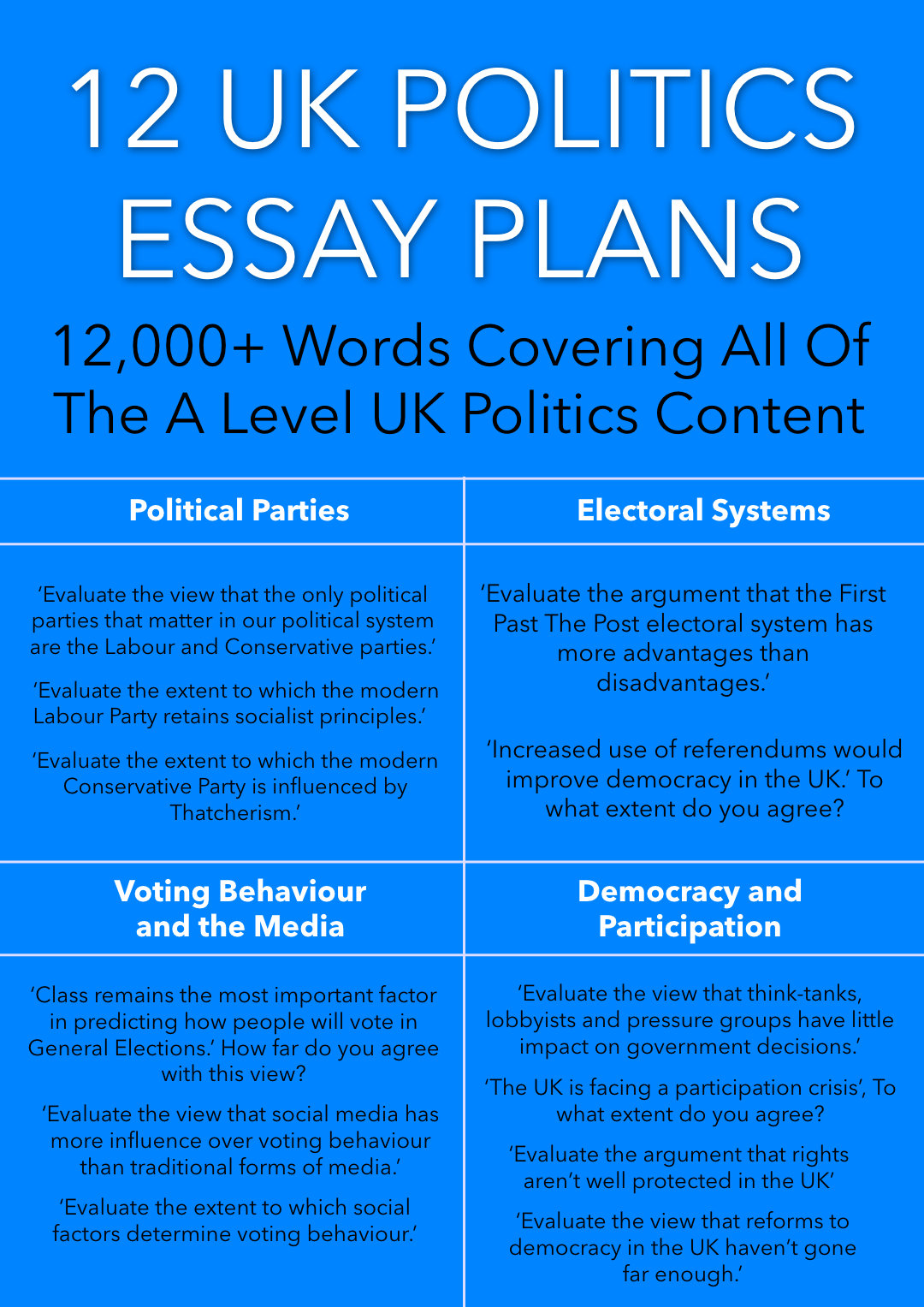 12 Detailed UK Politics Essay Plans 12 000 Words A Level Politics