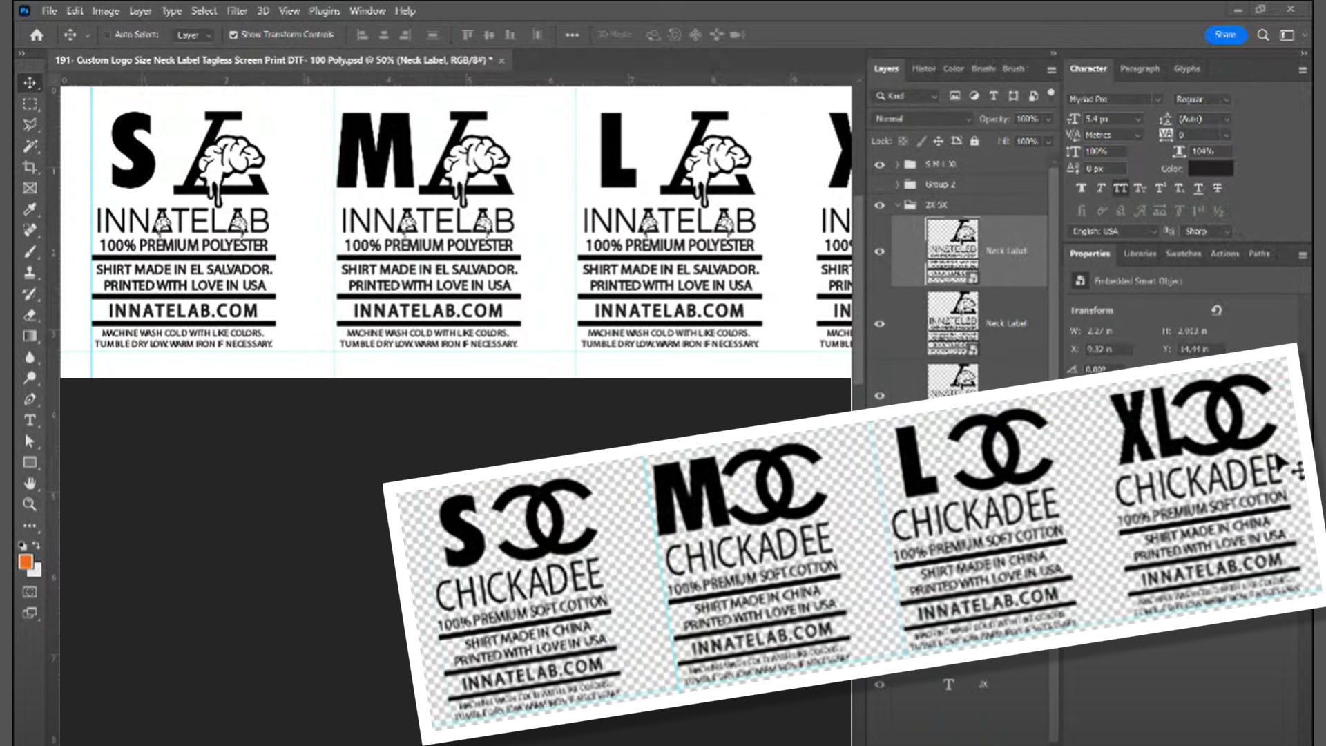 PSD 191 Custom Logo Size Neck Label Tagless Screen Print DTF 100