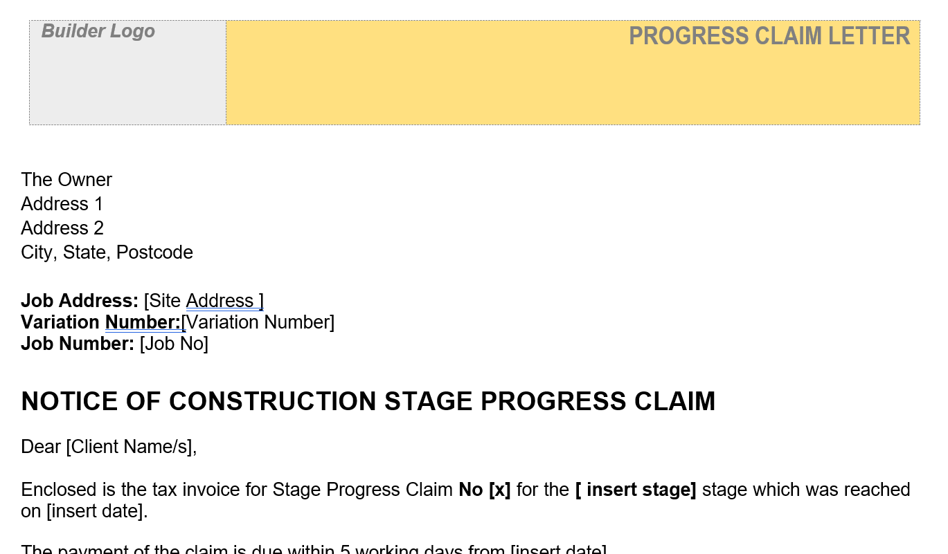 Letter - 06.36 Progress Claim Cover Letter Template