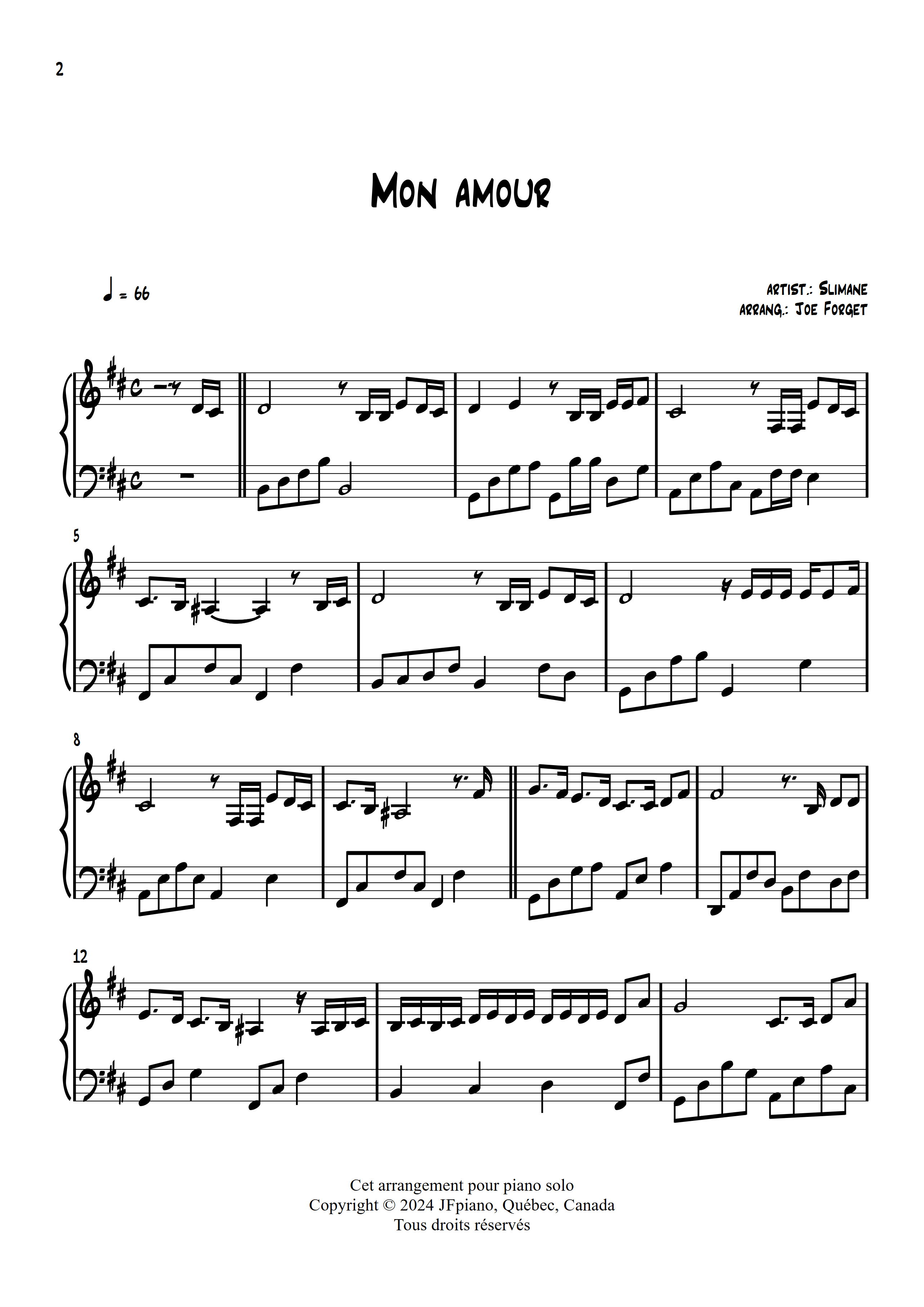 ''Mon amour'' (Slimane) partition piano solo, Niveau Intermédiaire