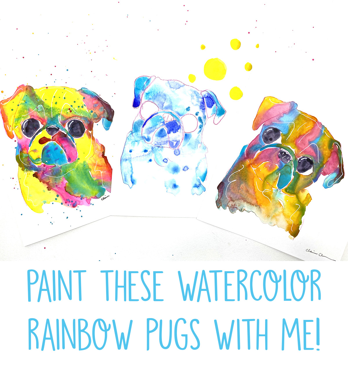 Painting Watercolor Rainbow Pugs